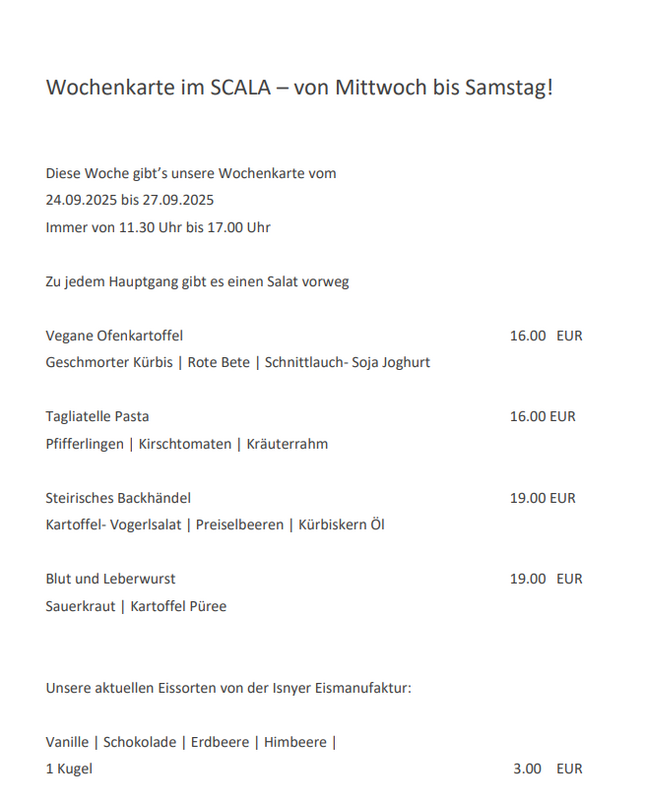 Scala | Restaurant | Café Bad Waldsee: Wochenkarte | kochen-lassen